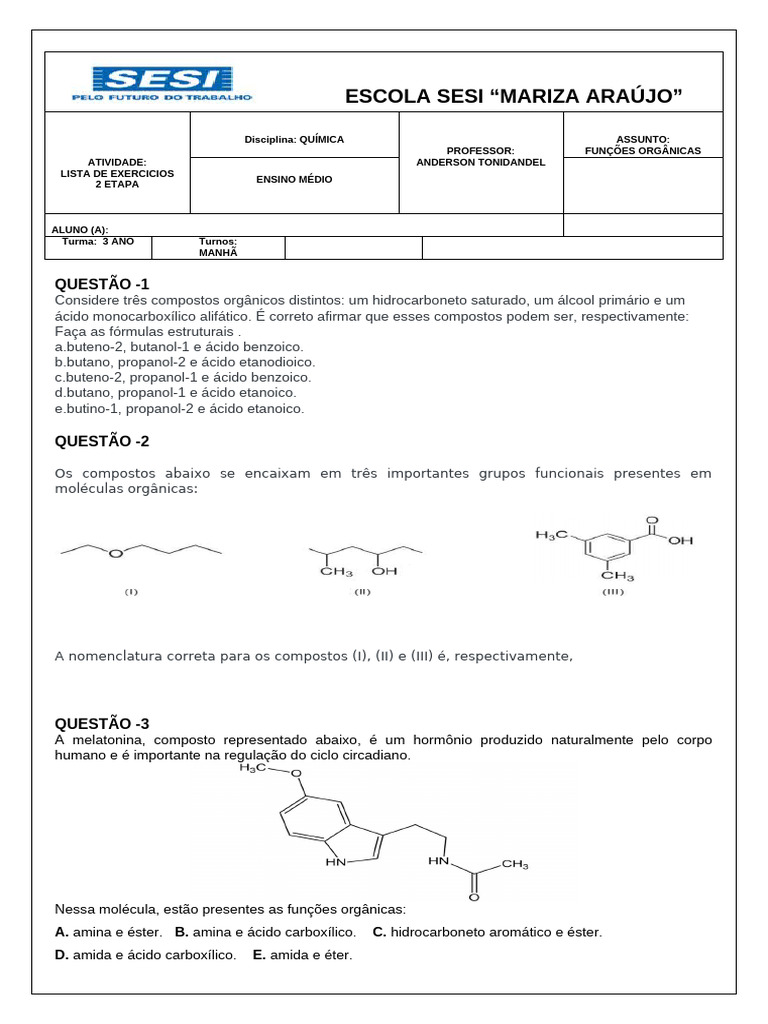 3 Ano Atividade Suplementar Junho 25 2024 | PDF | Amina | Éster