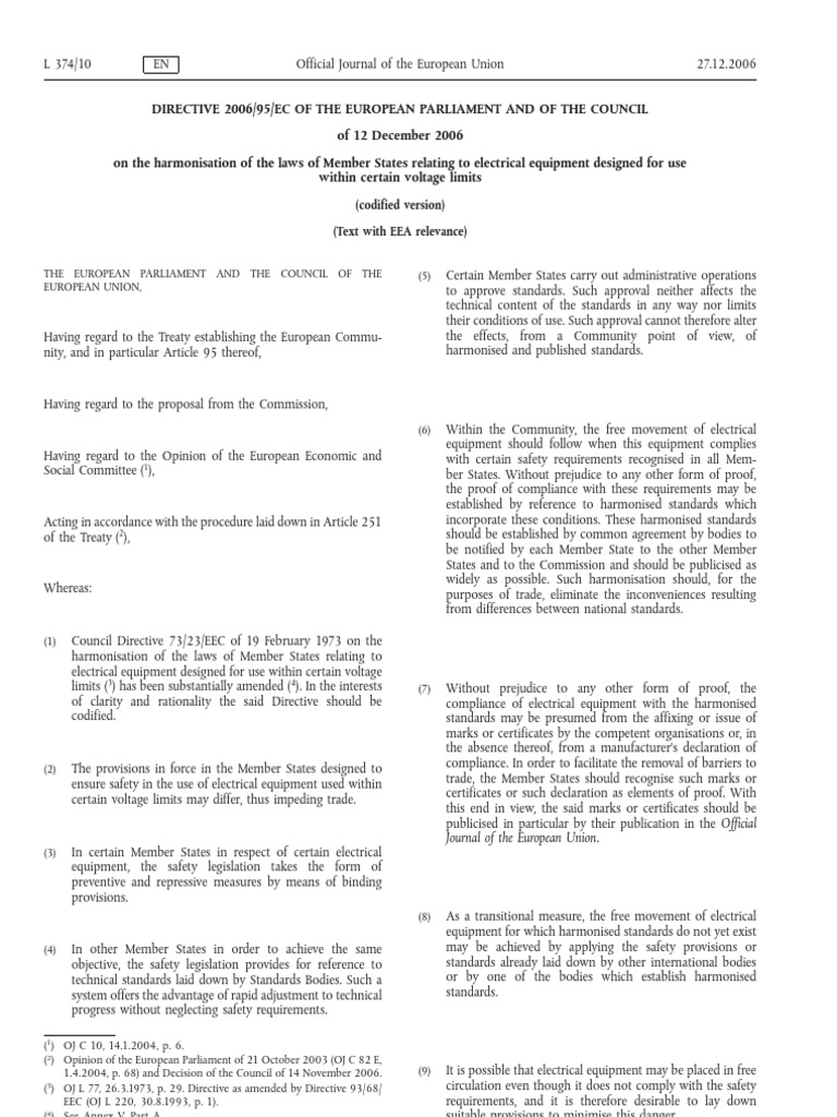 Low Voltage Directive 2006/95/EC Overview | PDF | Safety | Government