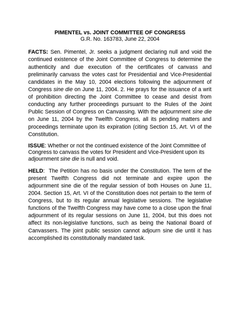 Pimentel Vs Joint Congress Committee (Non-Legislative Function) | PDF