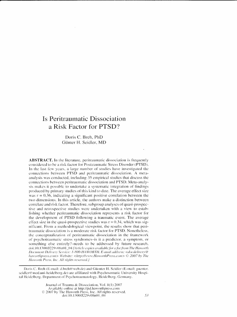 Is Peritraumatic Dissociation A Risk Factor For PTSD | PDF ...