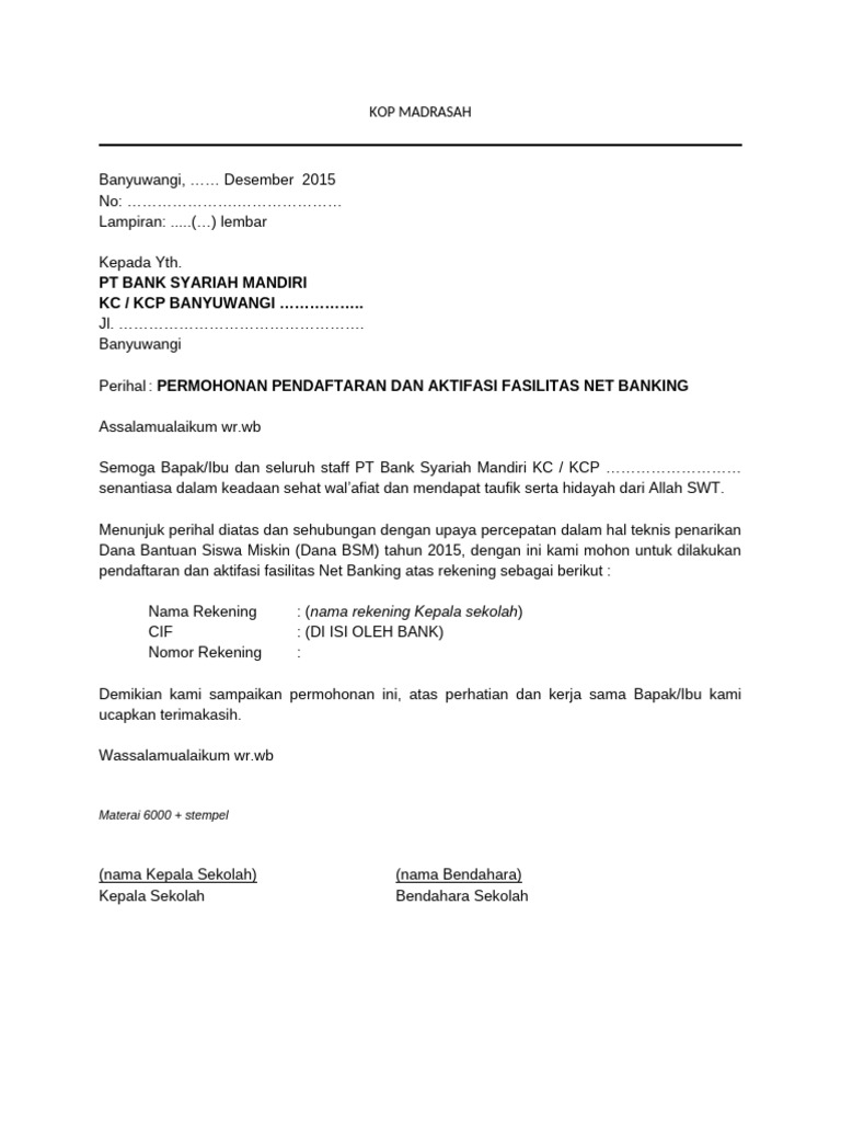Surat Permohonan Net Banking | PDF