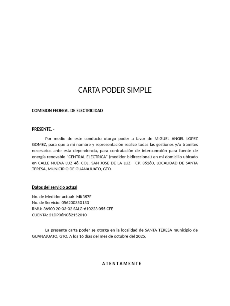 Carta Poder para CFE de Energía Renovable | PDF