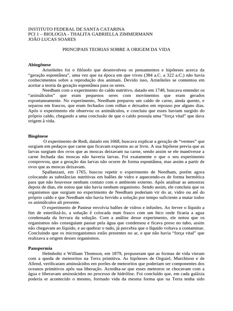 2.1 - Pci 1 - Bio - Origem Da Vida | PDF | Abiogênese | Metano