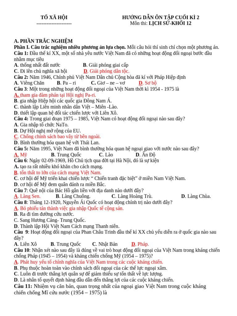 Đáp Án de Cuong Su 12 CK2 | PDF