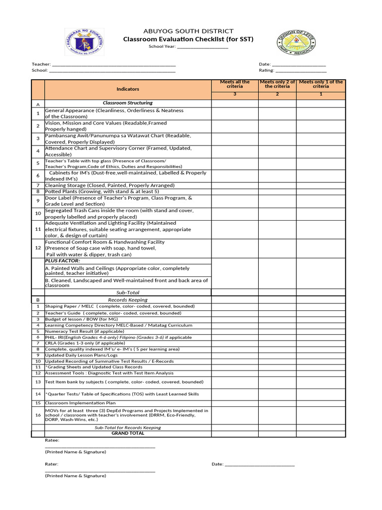 Classroom Evaluation Checklist 2023 | PDF | Classroom | Teachers
