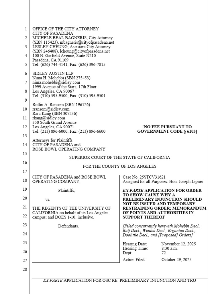 Pasadena v. Regents TRO Request | PDF | Legal Remedy | Injunction