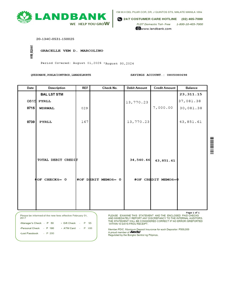Bank Statement Landbank | PDF | Debit Card | Savings Account