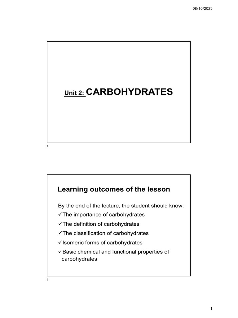 Unit 2 Carbohydrates 2025 Handout | PDF | Carbohydrates | Polysaccharide