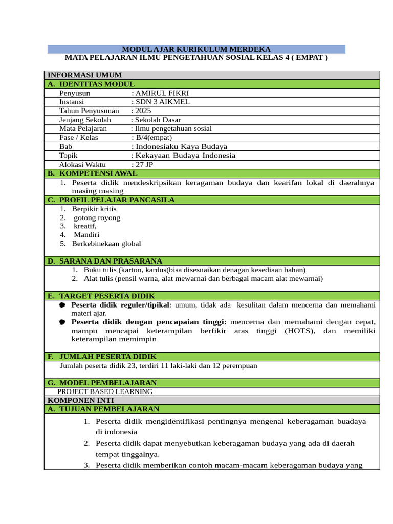 Modul Ajar IPS Kelas 4: Budaya Indonesia | PDF