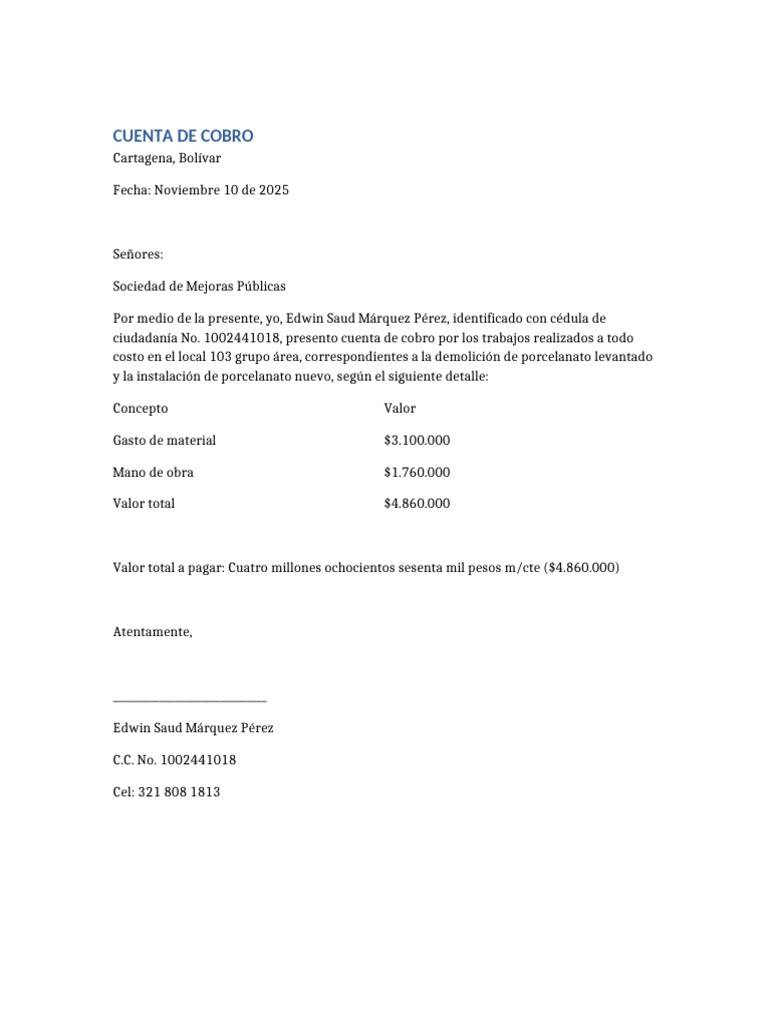Cuenta de Cobro Edwin Saud Marquez Perez | PDF