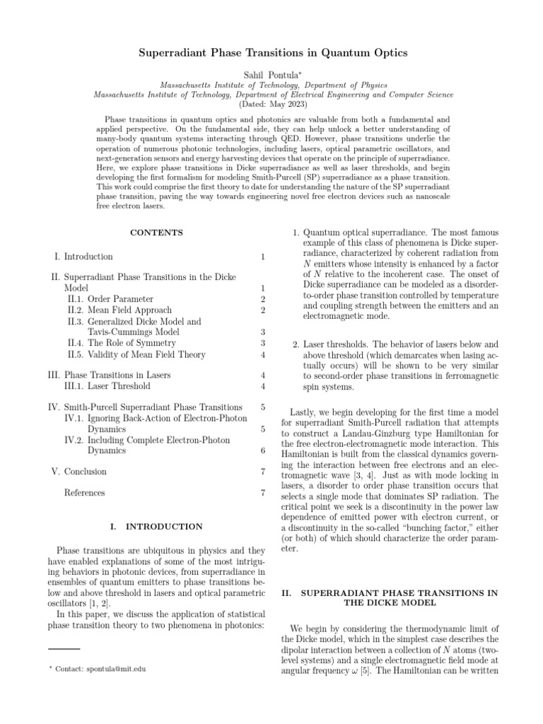 Superradiant Phase Transitions in Quantum Optics | PDF | Laser ...