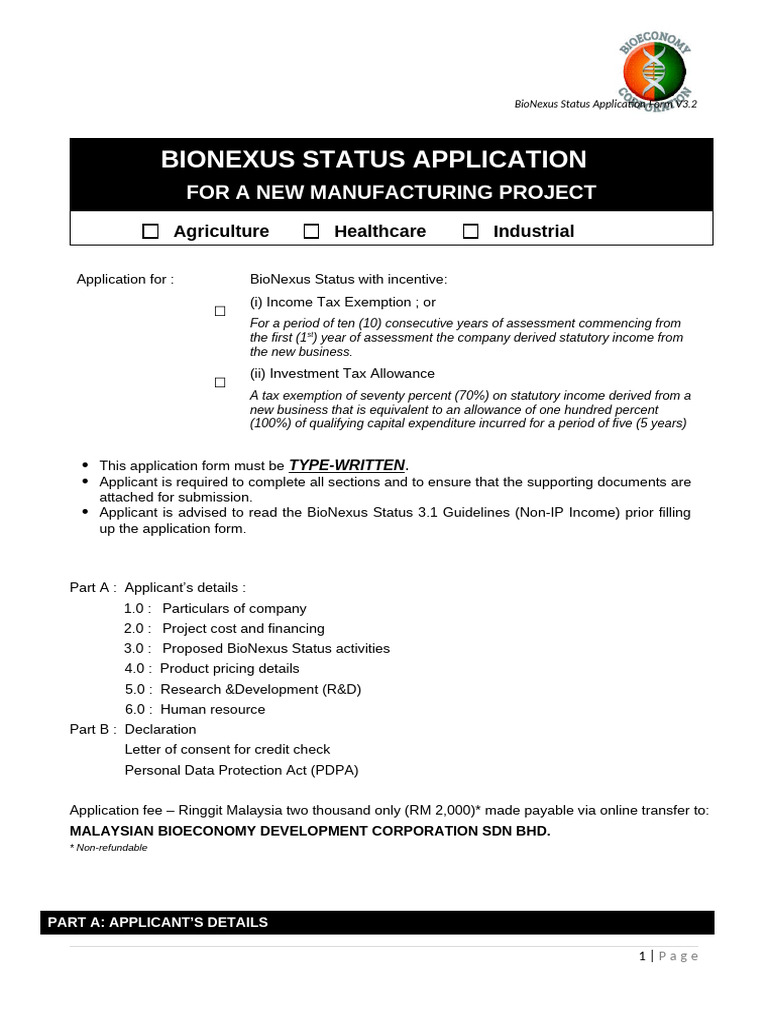 Bionexus Status Application Form MFG New Ver3.2 | PDF | Taxes | Cost Of Goods Sold