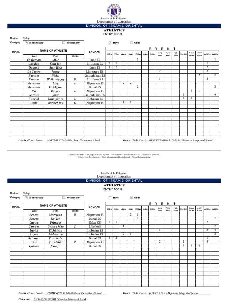 Misamis Oriental Athletics Entry Form | PDF | Sports | Games Of ...