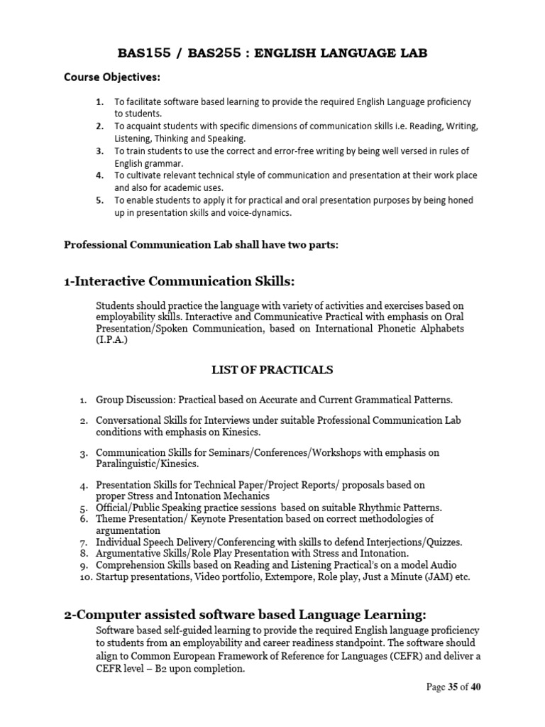 English Language Lab Syllabus | PDF | Communication | English Language