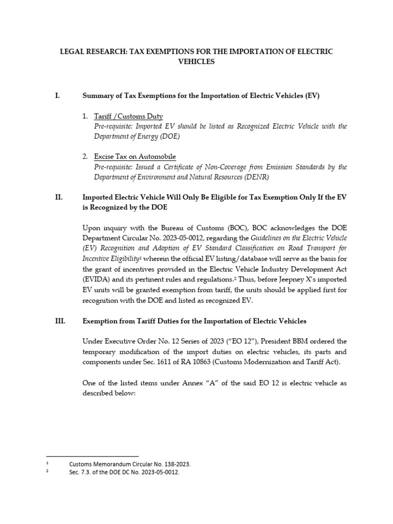 Tax Exemptions for Importing EVs | PDF | Electric Vehicle | Customs