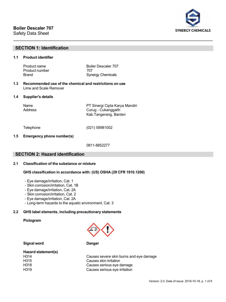 Boiler Descaler 707 Safety Data Sheet | PDF | Personal Protective ...