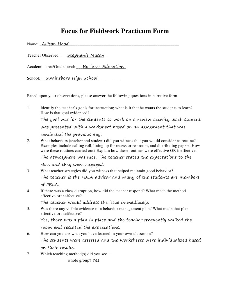 Fieldwork Practicum Observation Report | PDF