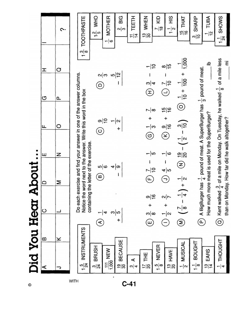 Pizzazz Book C - Adding and Subtracting Fractions With Unlike ...