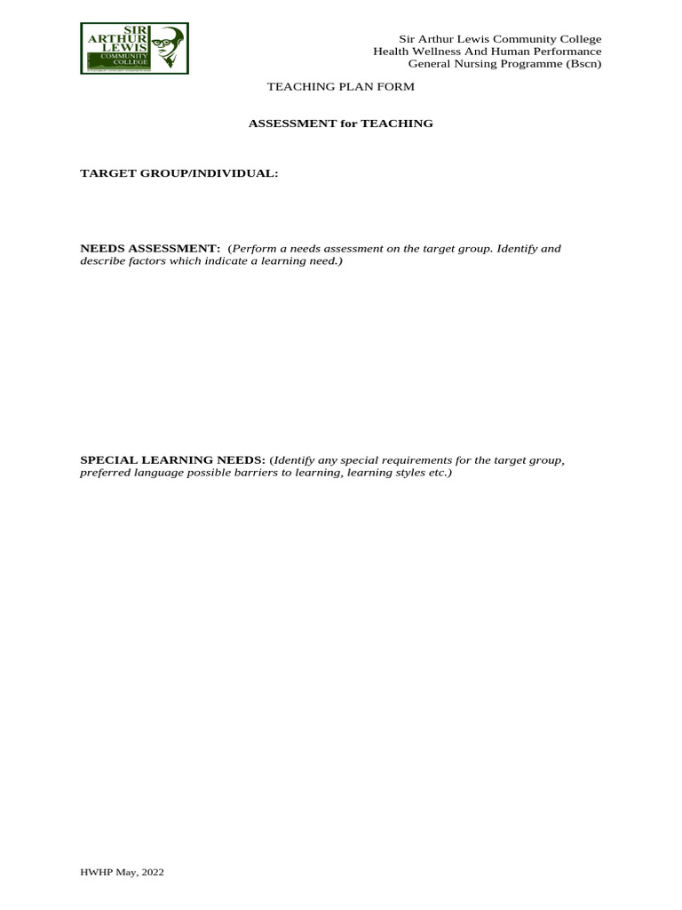 Teaching Plan FORM | PDF | Medical Specialties | Health Sciences