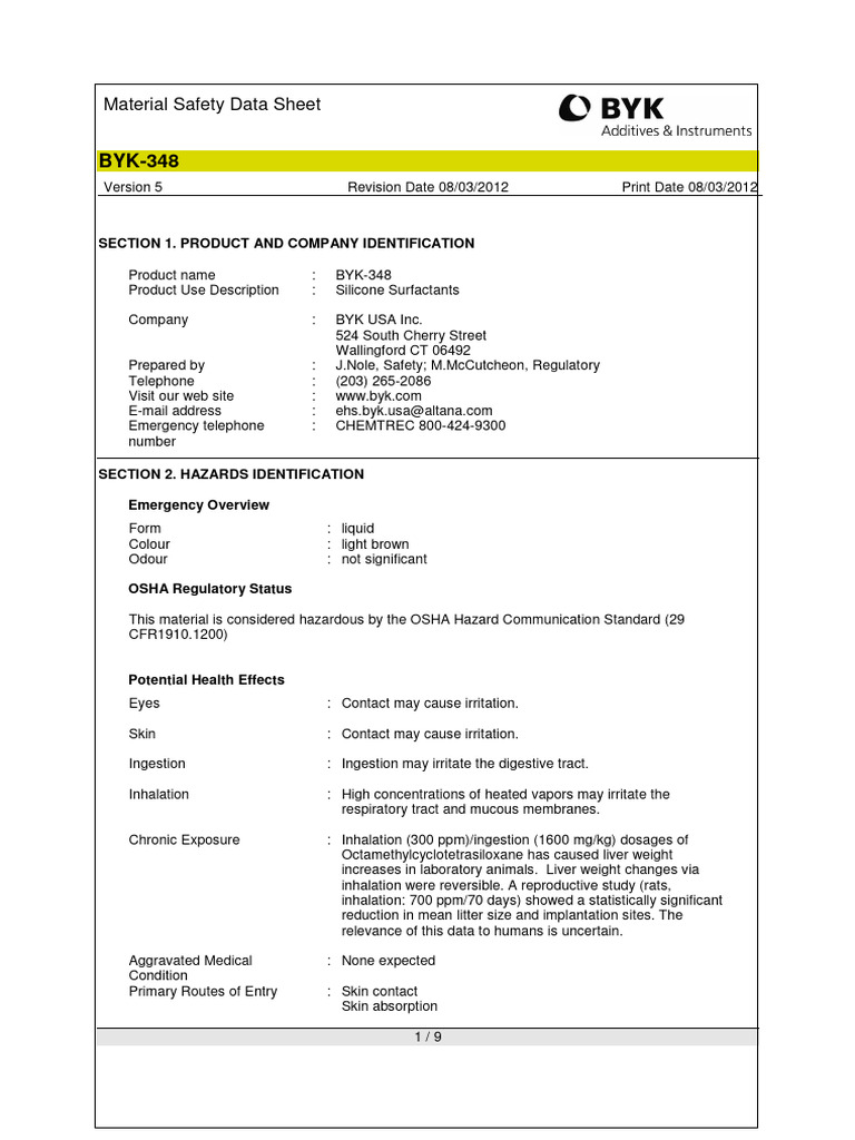 MSDS Byk-348 Us | PDF | Personal Protective Equipment | Firefighting