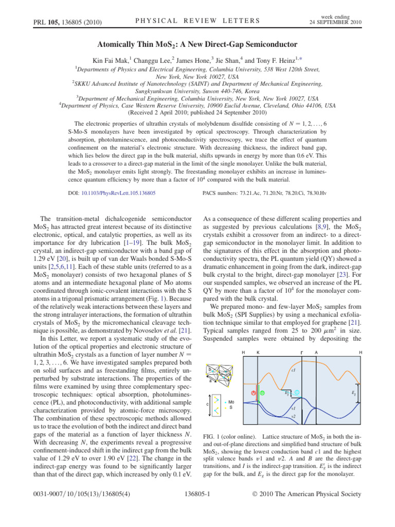 Direct-Gap Properties of MoS2 Monolayers | PDF | Absorption ...