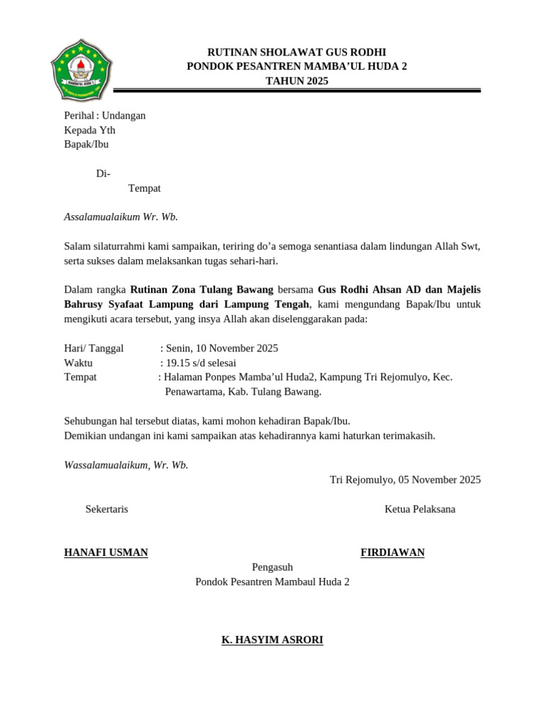Surat Undangan Rutinan Sholawat Gus Rodhi | PDF