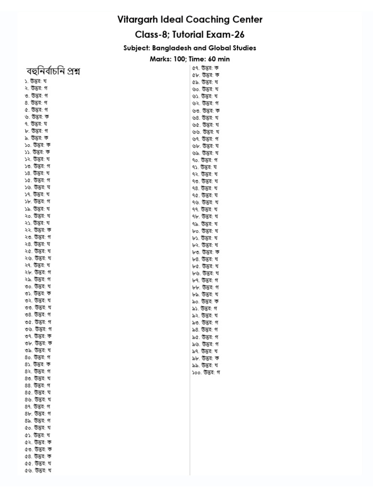 JSC Bgs 100mcq Ans | PDF