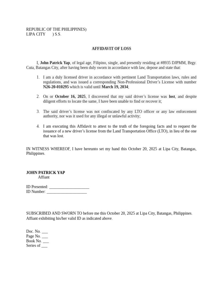 Affidavit of Loss - Yap | PDF
