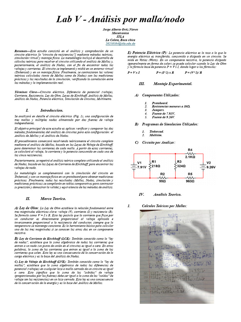 Lab v. Mallas y Nodos | PDF | Red eléctrica | Resistencia Eléctrica y Conductancia