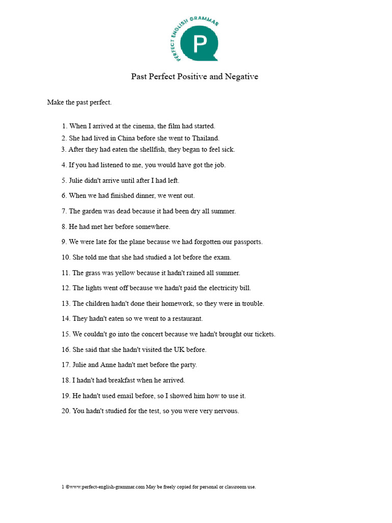 Past Perfect Simple Form Positive and Negative | PDF | Chess Openings | Chess