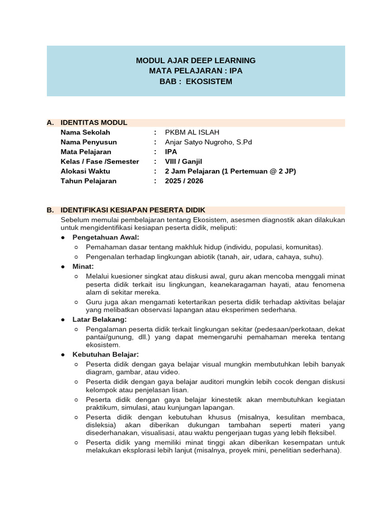 Modul Ajar Biologi Kelas X (Ekosistem) | PDF