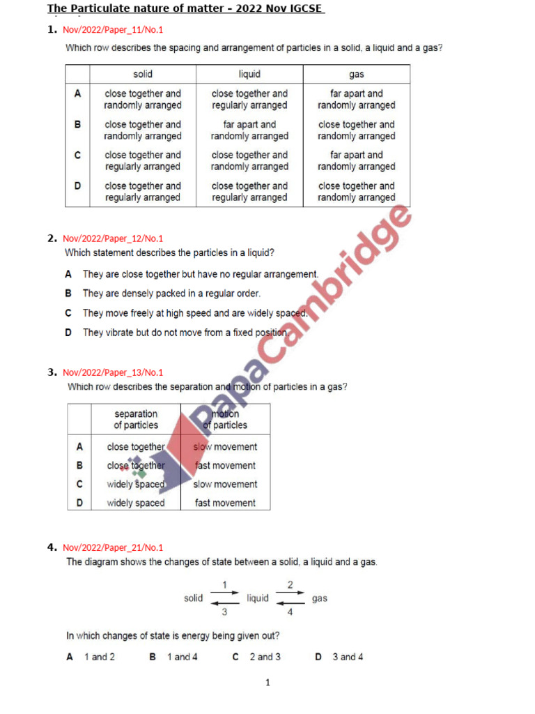 2022N The Particulate Nature of Matter IGCSE Chem 0620 | PDF
