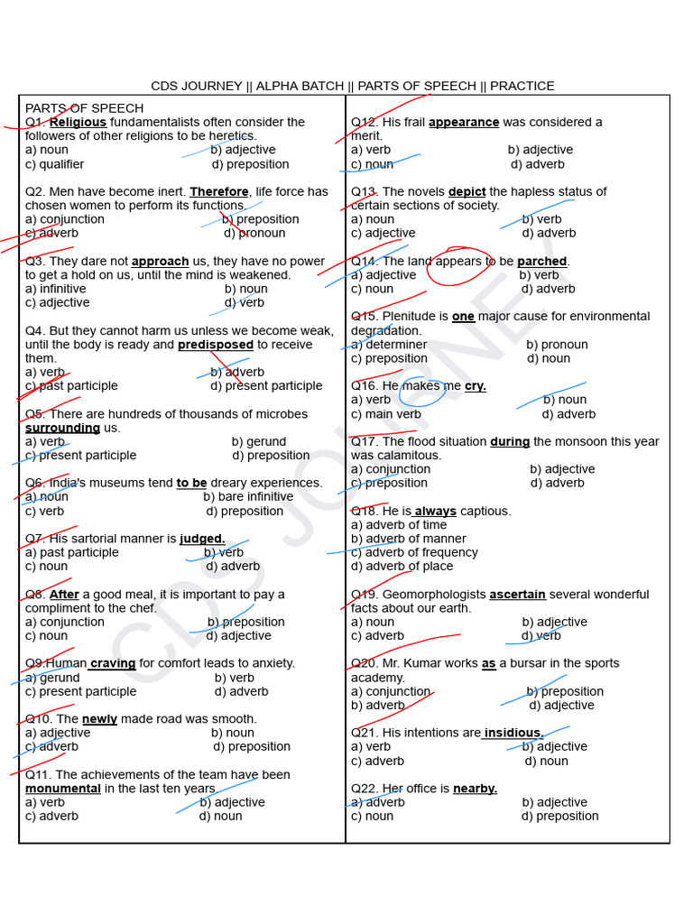 Parts of Speech Practice Questions | PDF | Verb | Adjective
