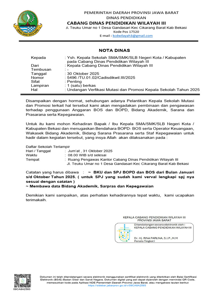 NOTA DINAS Undangan Verfikasi Mutasi Dan Promosi Kepala Sekolah Tahun ...