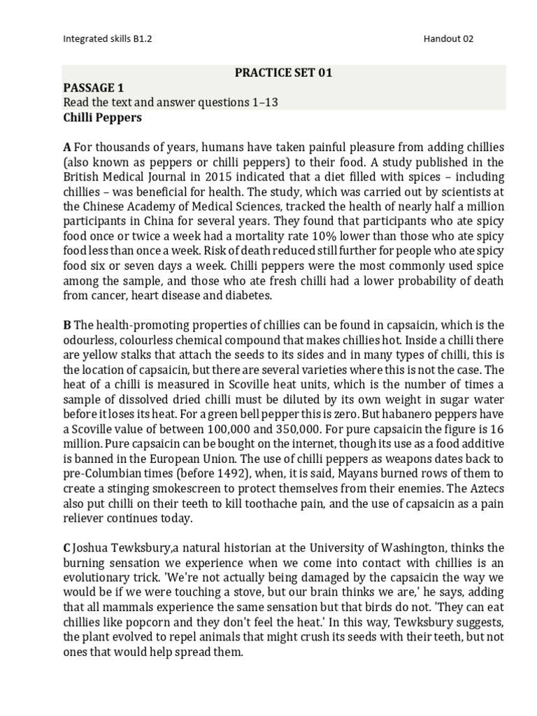 Practice Set 01 - Reading - Handouts 02 | PDF | Chili Pepper | Robert ...