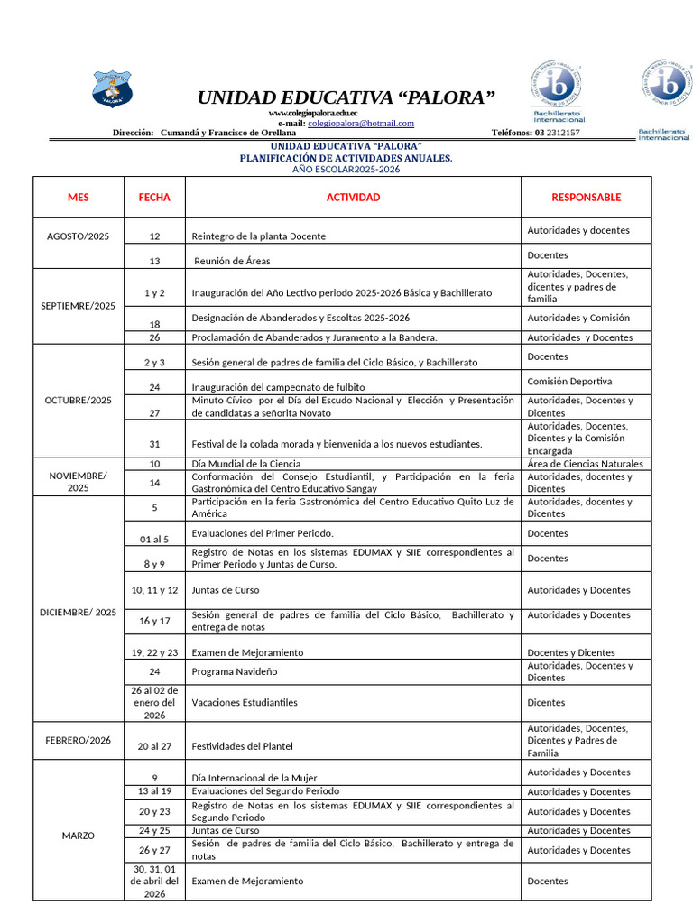 Planificación Anual 2025-2026 Palora | PDF