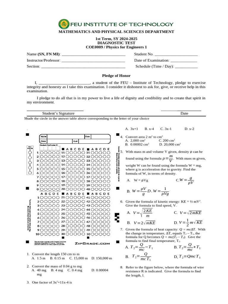 1TSY2425 COE0009 Diagnostic Test Blank | PDF | Area | Speed