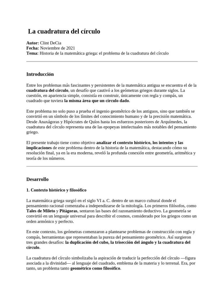 La Cuadratura Del Círculo | PDF | Pi | Matemáticas