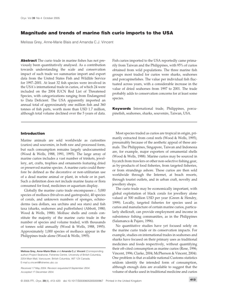 Marine Fish Curio Trade in the USA | PDF | Sharks | Overfishing