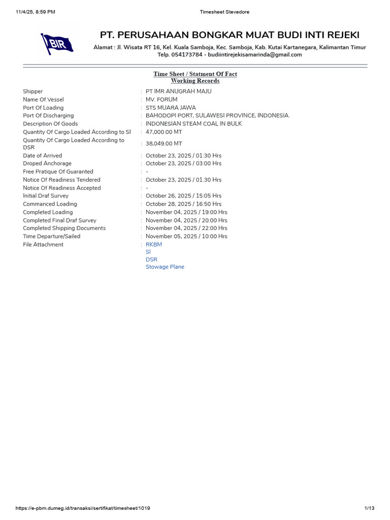 Timesheet Stevedore 1 | PDF