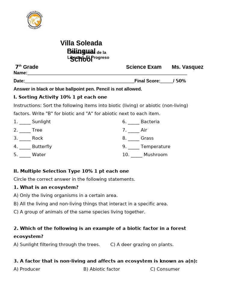 7th Grade Science Exam I Partial 2025 | PDF | Ecosystem | Herbivore