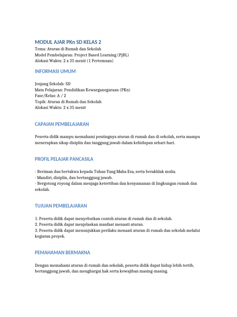 Modul PKN Kelas2 Aturan Di Rumah Dan Sekolah | PDF