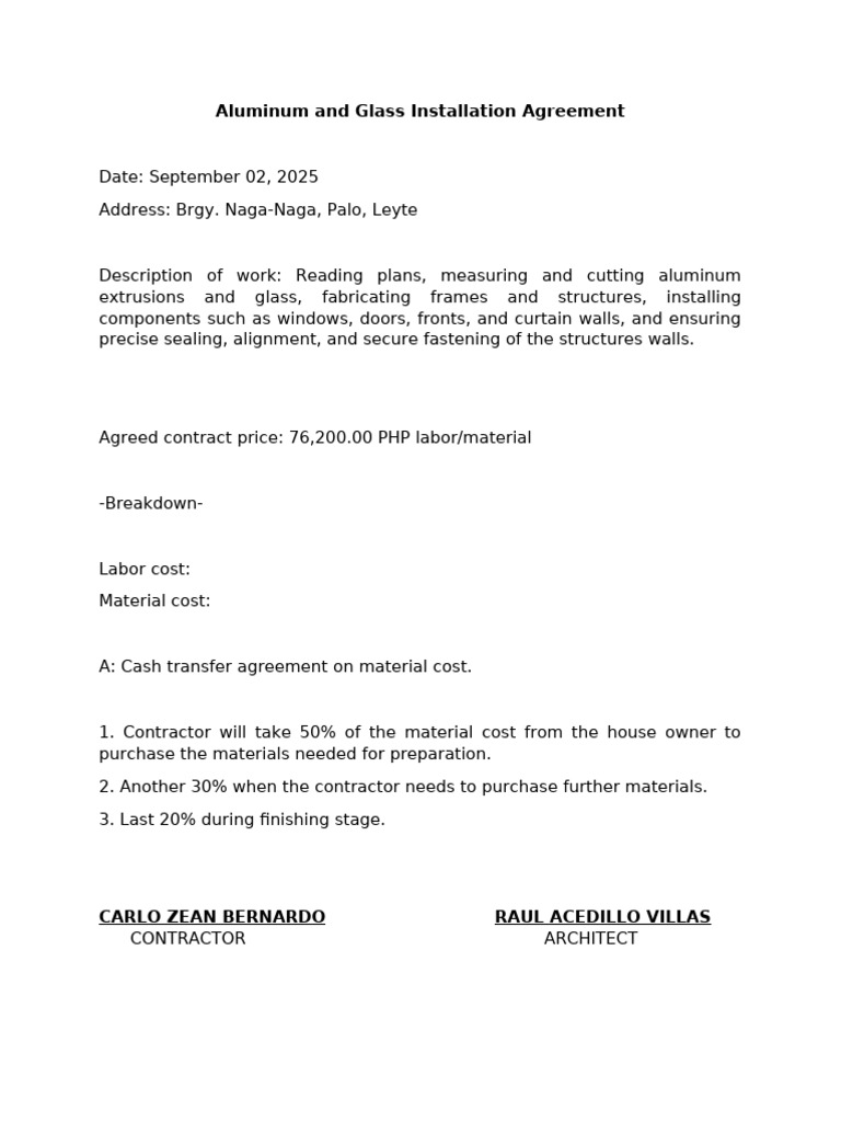 Aluminum and Glass Installation Agreement | PDF