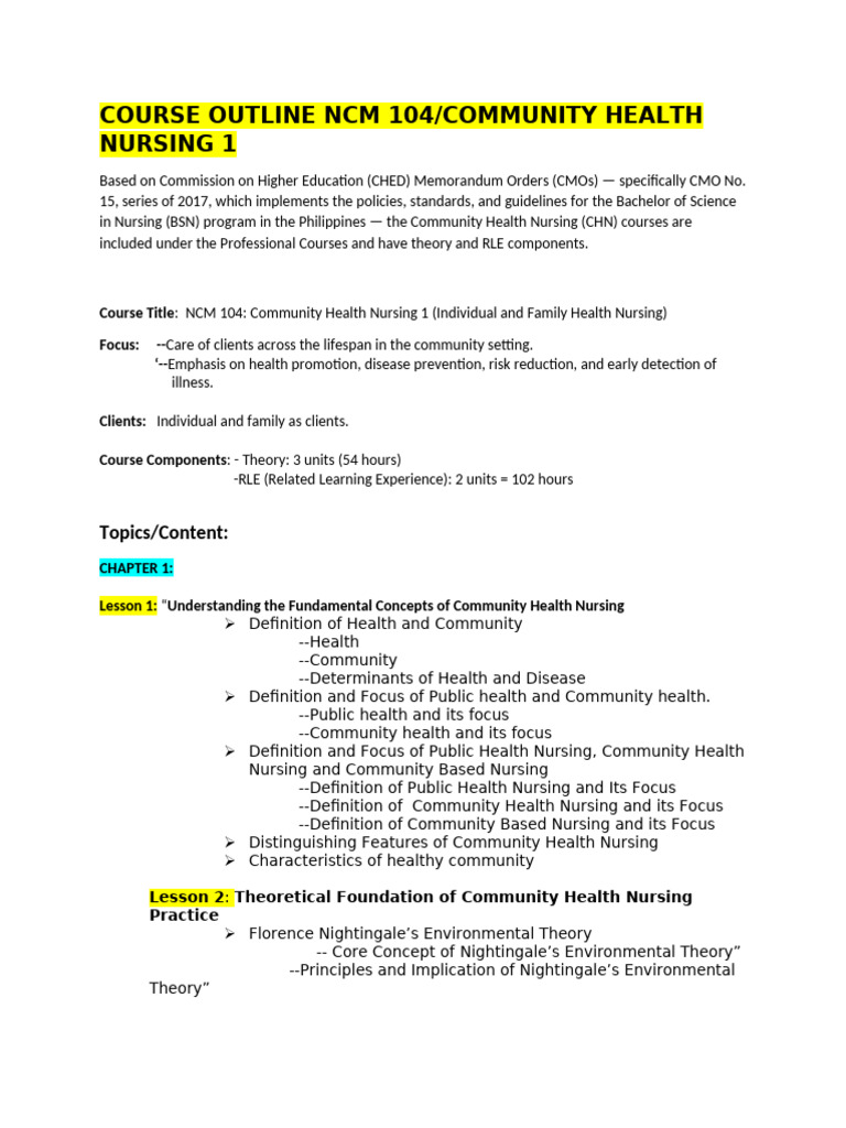 Community Health Nursing Course Outline | PDF | Health Care ...