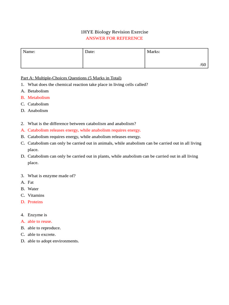 1HYE Biology Revision Exercise - ANS | PDF | Enzyme | Cell (Biology)