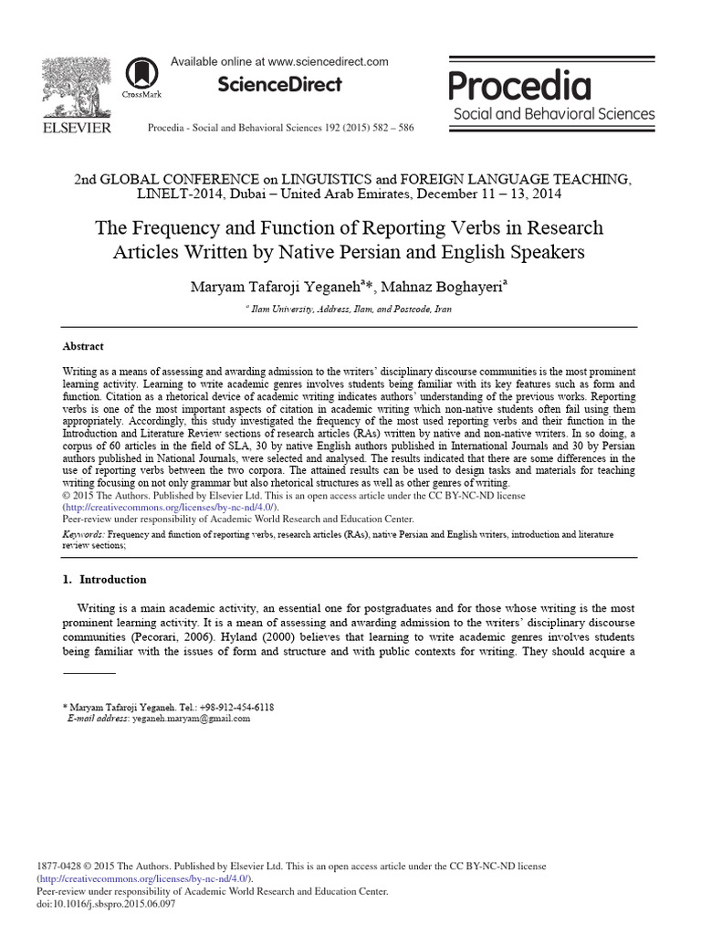 The Frequency and Function of Reporting Verbs in R | PDF | Citation ...