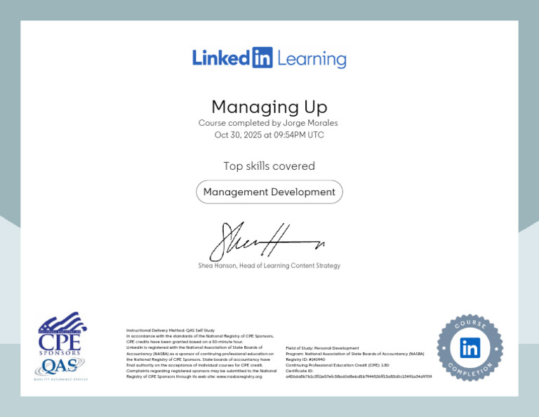 CertificateOfCompletion - Managing Up | PDF