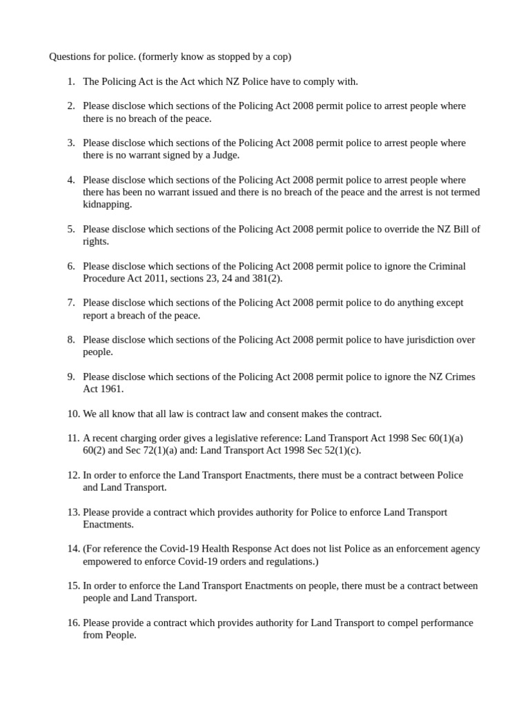 Questions For Police | PDF | Arrest | Police