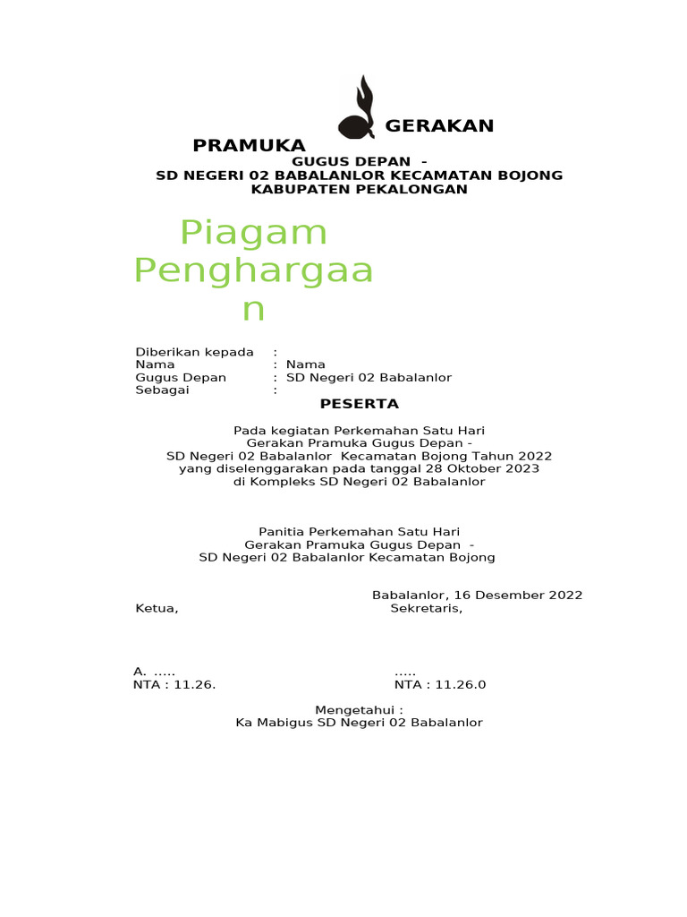 Piagam Peserta Pramuka SD 02 Babalanlor | PDF