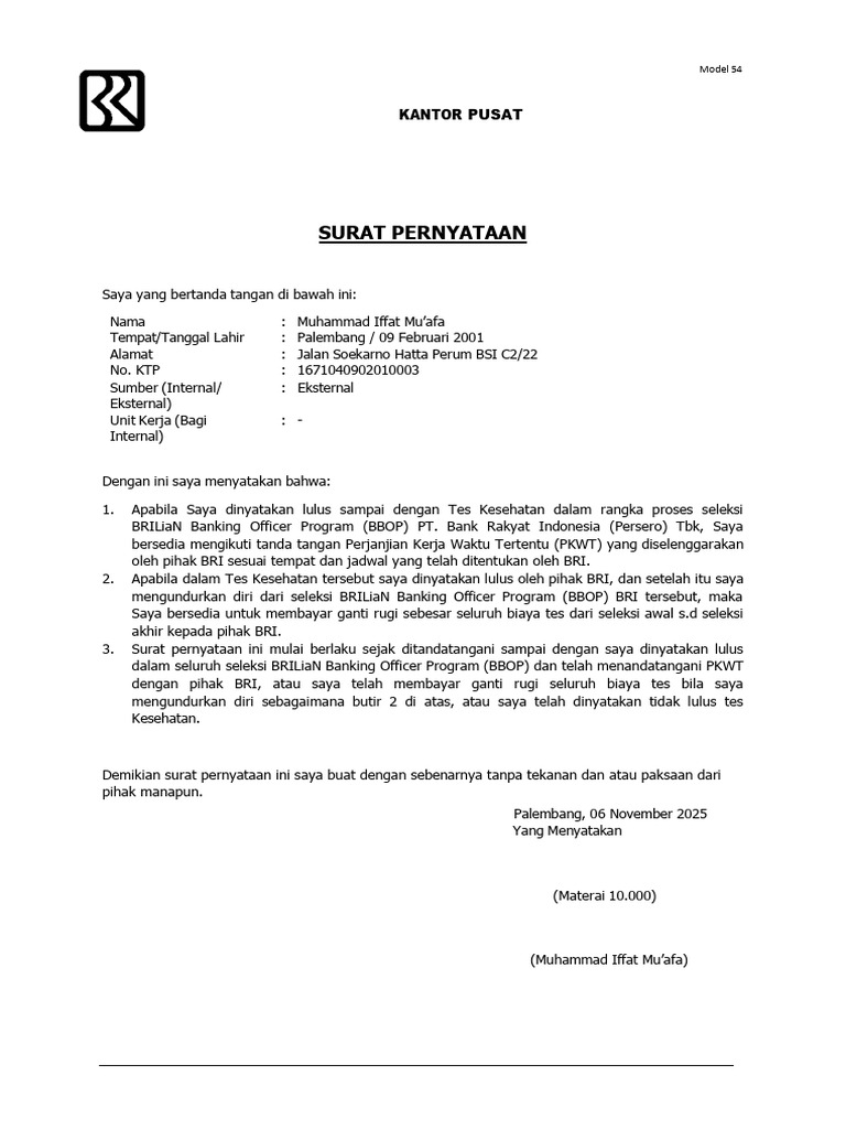 Surat Pernyataan BBOP Muhammad Iffat Mu'Afa | PDF